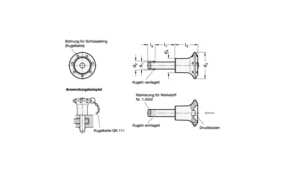 GN113.6-10-60 - GANTER Kugelsperrbolzen mit Knopf, Bolzen: 1.4542 ...
